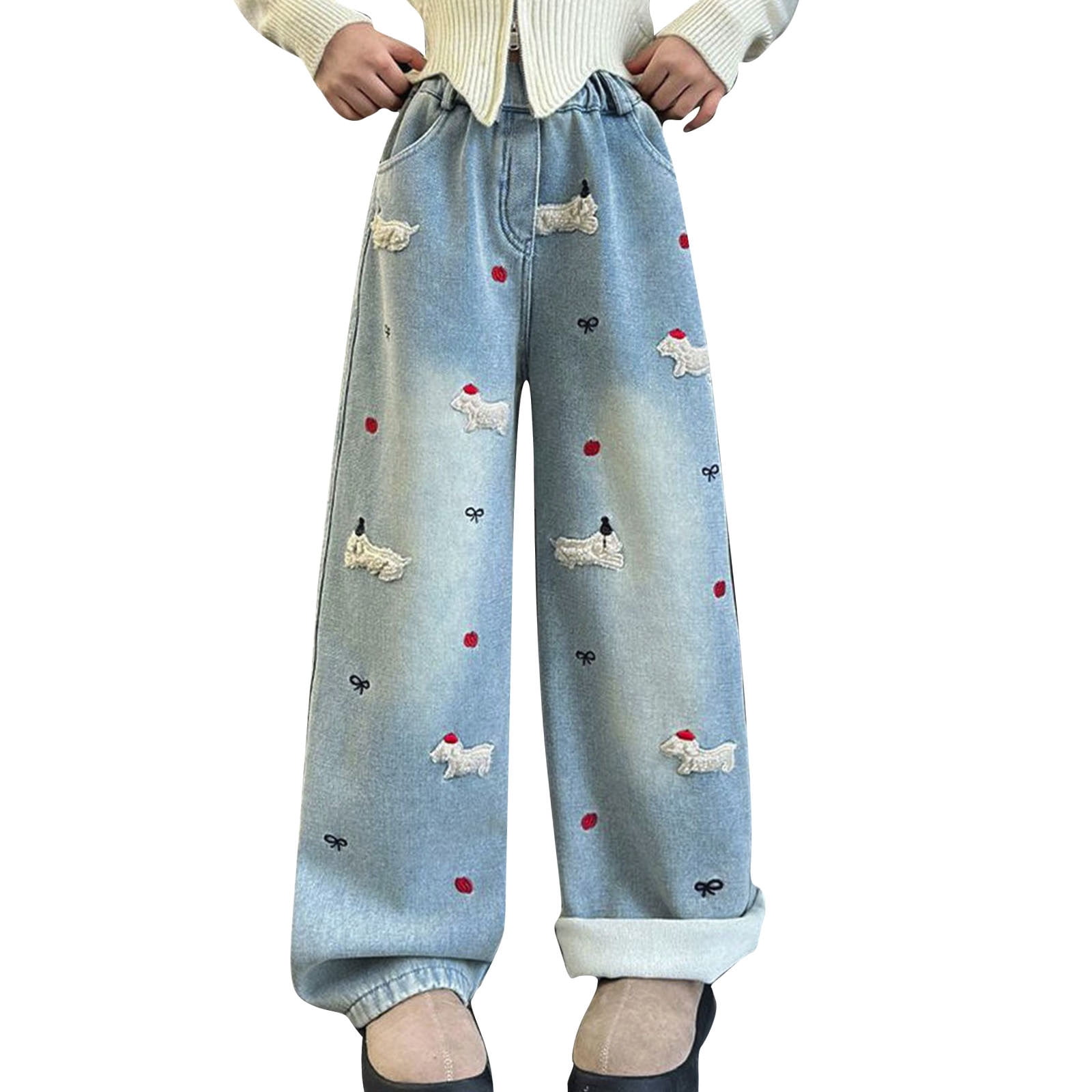 CUZIBR Girls Baggy Denim Trousers Fashion Cute Vintage Washed Pants ...