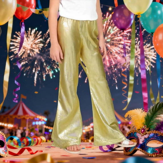 CUZIBR Girls Baggy Pants Glitter Sequin Pants Sparkly Shiny Flared ...