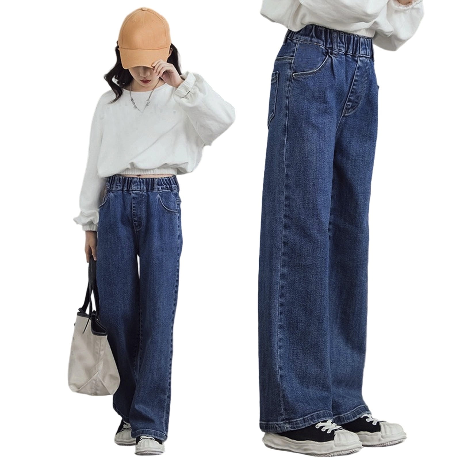 CUZIBR Girls Casual Pants Elastic Waist Straight Leg Wide Leg Jeans ...