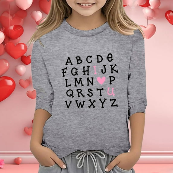 CUZIBR Girls Shirt Love Heart Print 3/4 Sleeve Crewneck T-Shirts Soft Comfy Valentines Day ...
