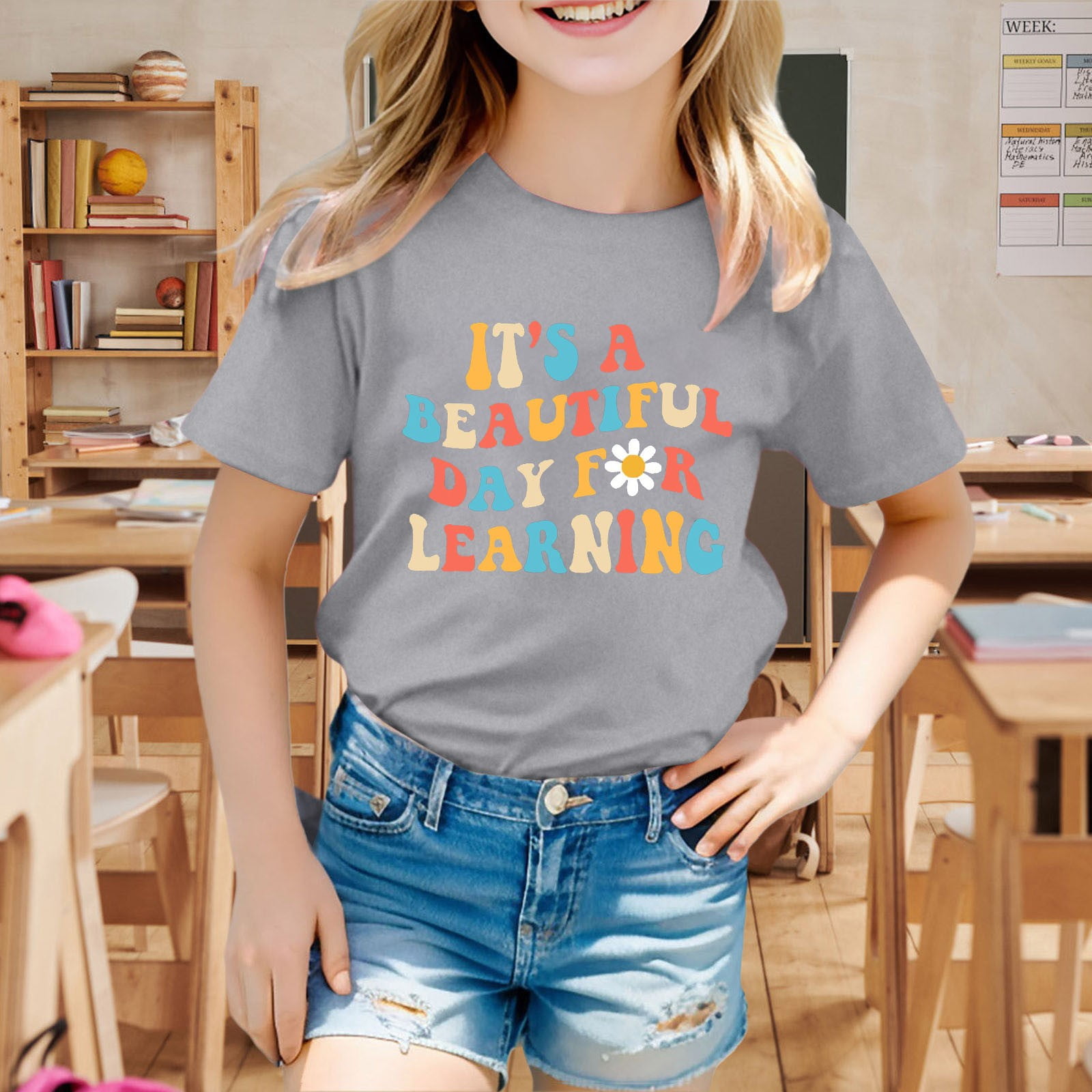 CUZIBR Girls Shirts Fashionable Short Sleeve Letter Prin Casual Round ...