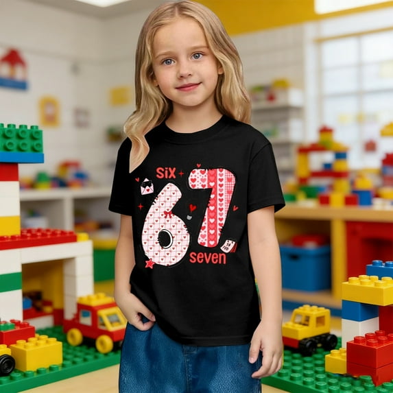 CUZIBR Girls T Shirts 67 Shirt Love Heart Letter Print Casual Short ...