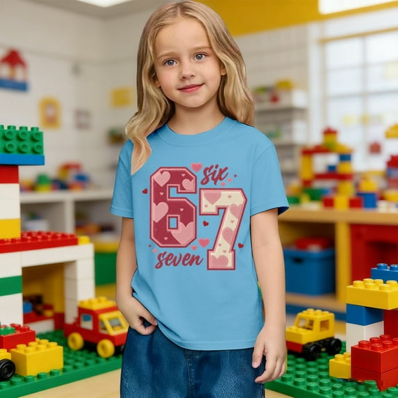 CUZIBR Girls Tops 67 Shirt Love Heart Letter Print Casual Short Sleeve ...