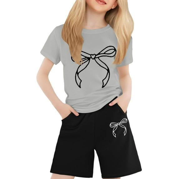 CUZIBR Girls Valentine'S Day Outfit Elegant Bow Print Round Neck Short ...