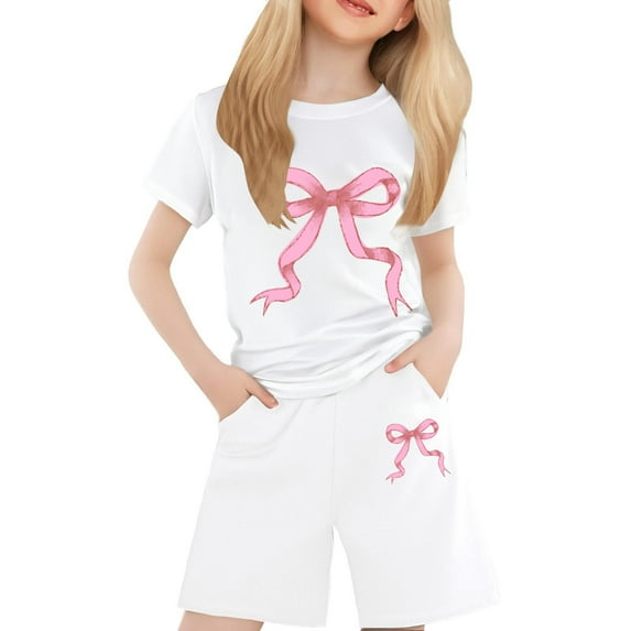 CUZIBR Girls Valentine'S Day Outfit Elegant Bow Print Round Neck Short ...