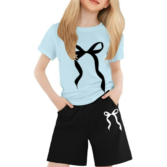 CUZIBR Girls Valentine'S Day Outfit Elegant Bow Print Round Neck Short ...