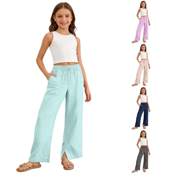 CUZIBR Girls Wide Leg Pants Elastic Drawstring Front Patch Pockets ...