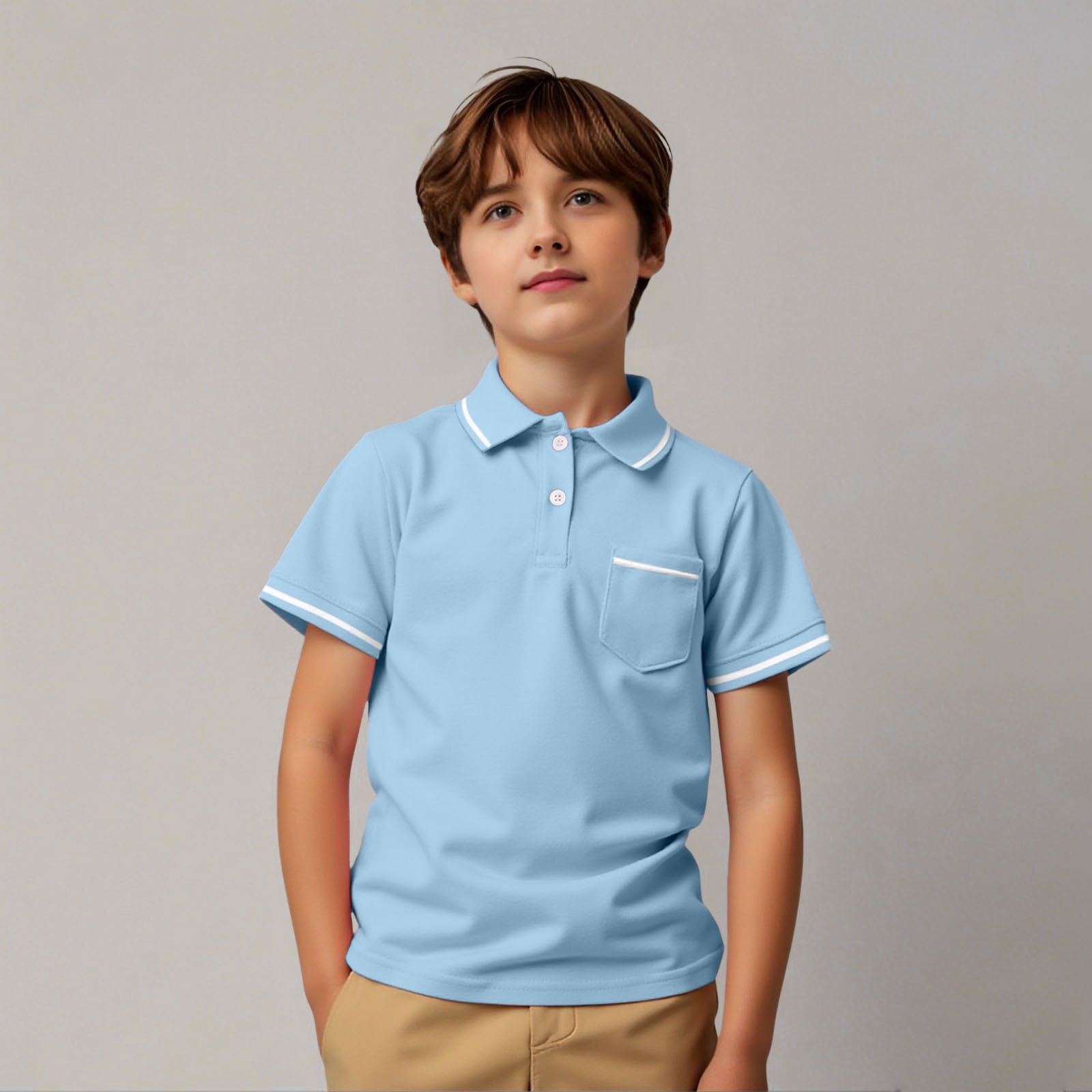 CUZIBR Kids Boys Short Sleeve Polo Shirts Button Striped Front Pocket ...