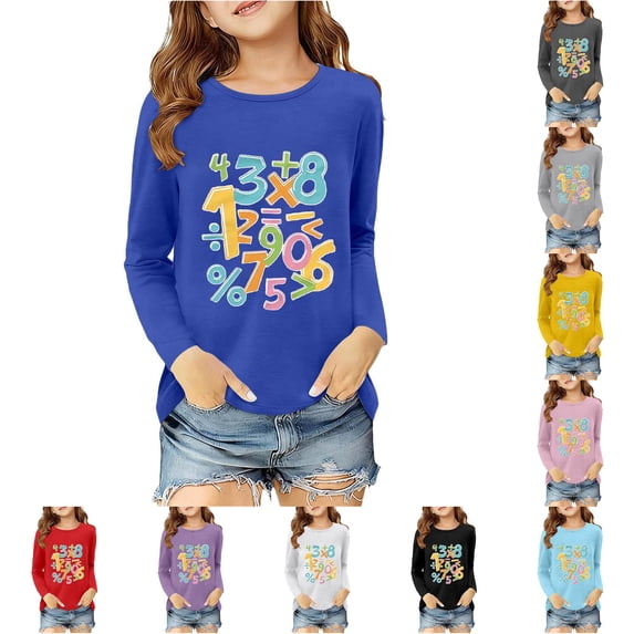 CUZIBR Kids Graphic Print Long Sleeve Crew Neck Tee Colorful Math ...