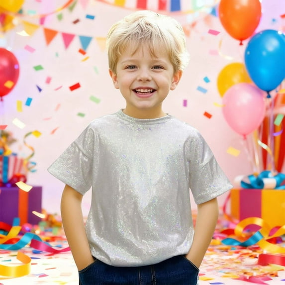 CUZIBR Kids Shirt Sequins Shirts Short Sleeve Round Neck Gradient Shiny ...