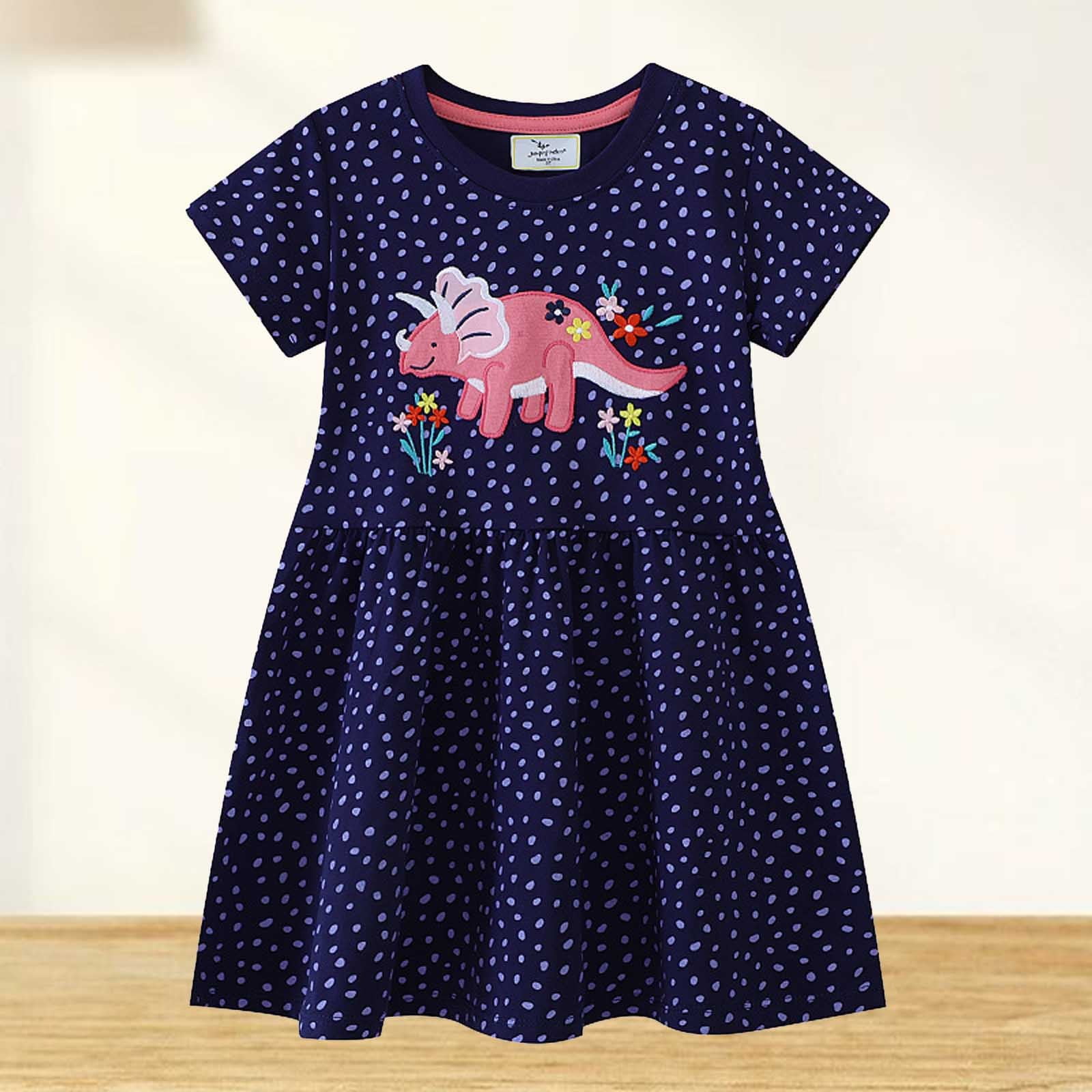 CUZIBR Kids Summer Dresses Cartoon Dinosaur Print Embroidery Short ...