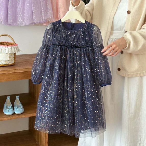 CUZIBR Little Big Girls Carnival Sequin Dress Long Sleeve Sparkly Mesh ...