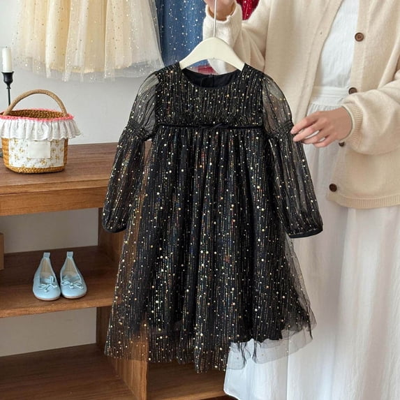 CUZIBR Little Big Girls Carnival Sequin Dress Long Sleeve Sparkly Mesh ...