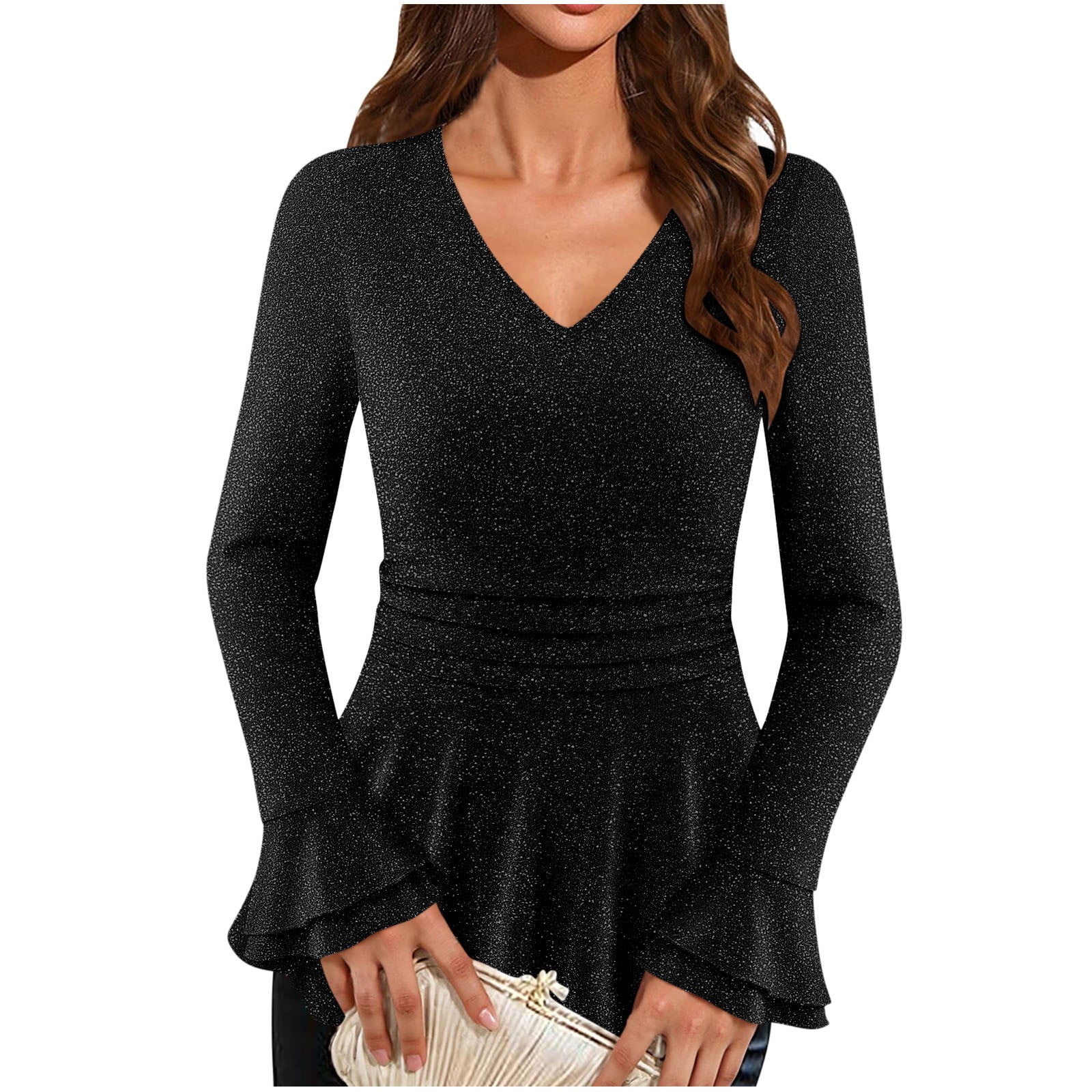 CUZIBR Long Sleeve Shirt For Women Sequin Top Slim Fit V Neck Glitter ...