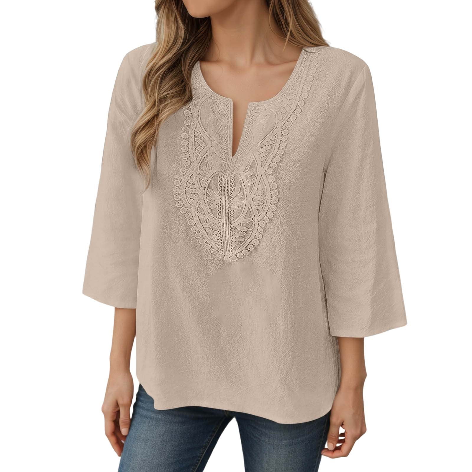 CUZIBR Shirts For Women Vintage Floral Embroidered Lace Loose Fit 3/4 ...