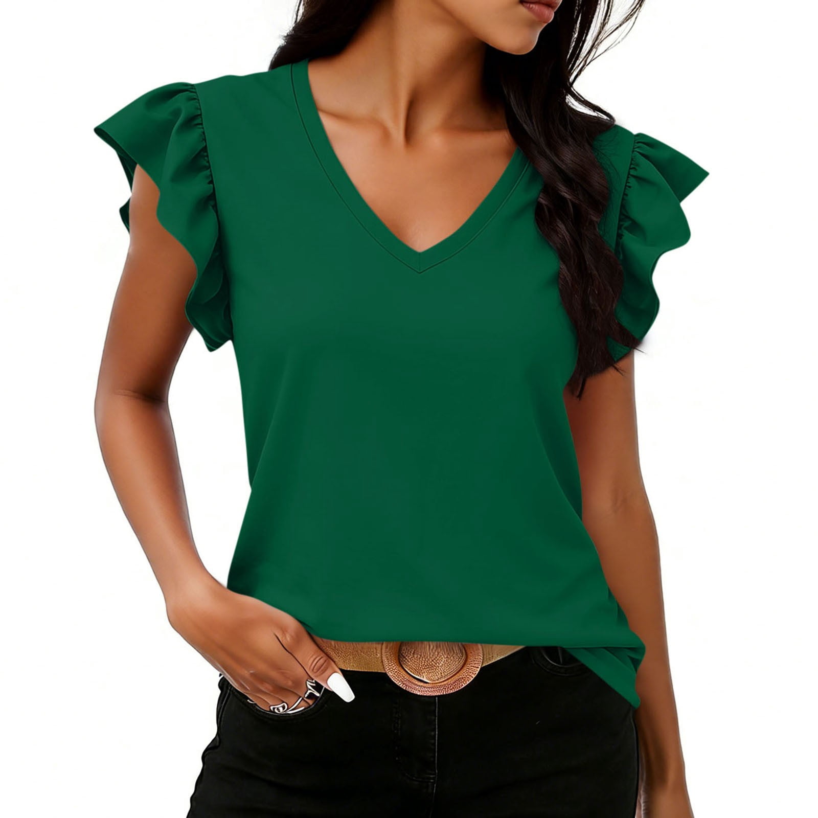 CUZIBR Summer Blouses For Women V Neck Solid Colored Pleated Ruffles ...