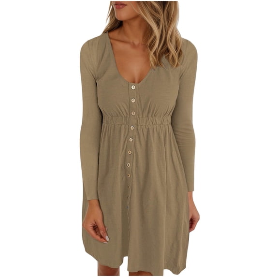CUZIBR Summer Casual Dress For Women Long Sleeve Elastic Waist Solid ...