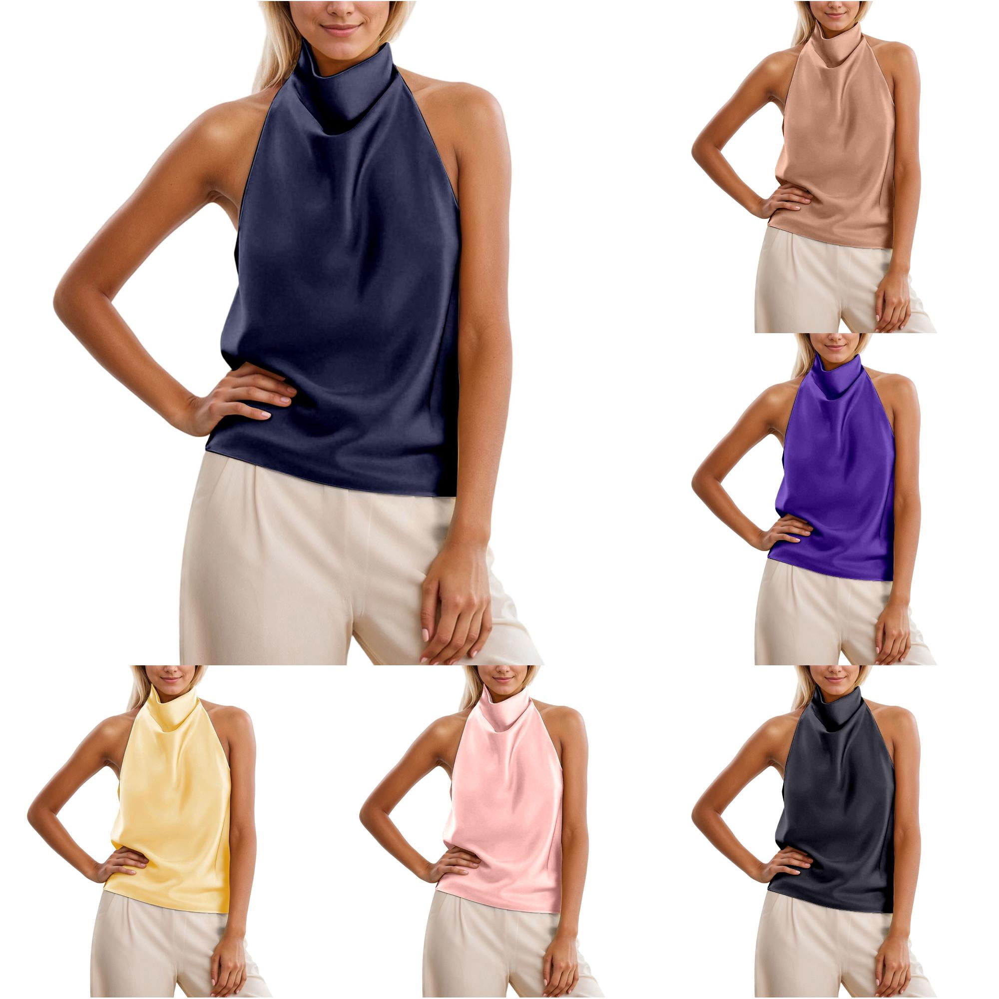CUZIBR Summer Tops For Women Elegant Satin Camisole Solid Color Halter ...