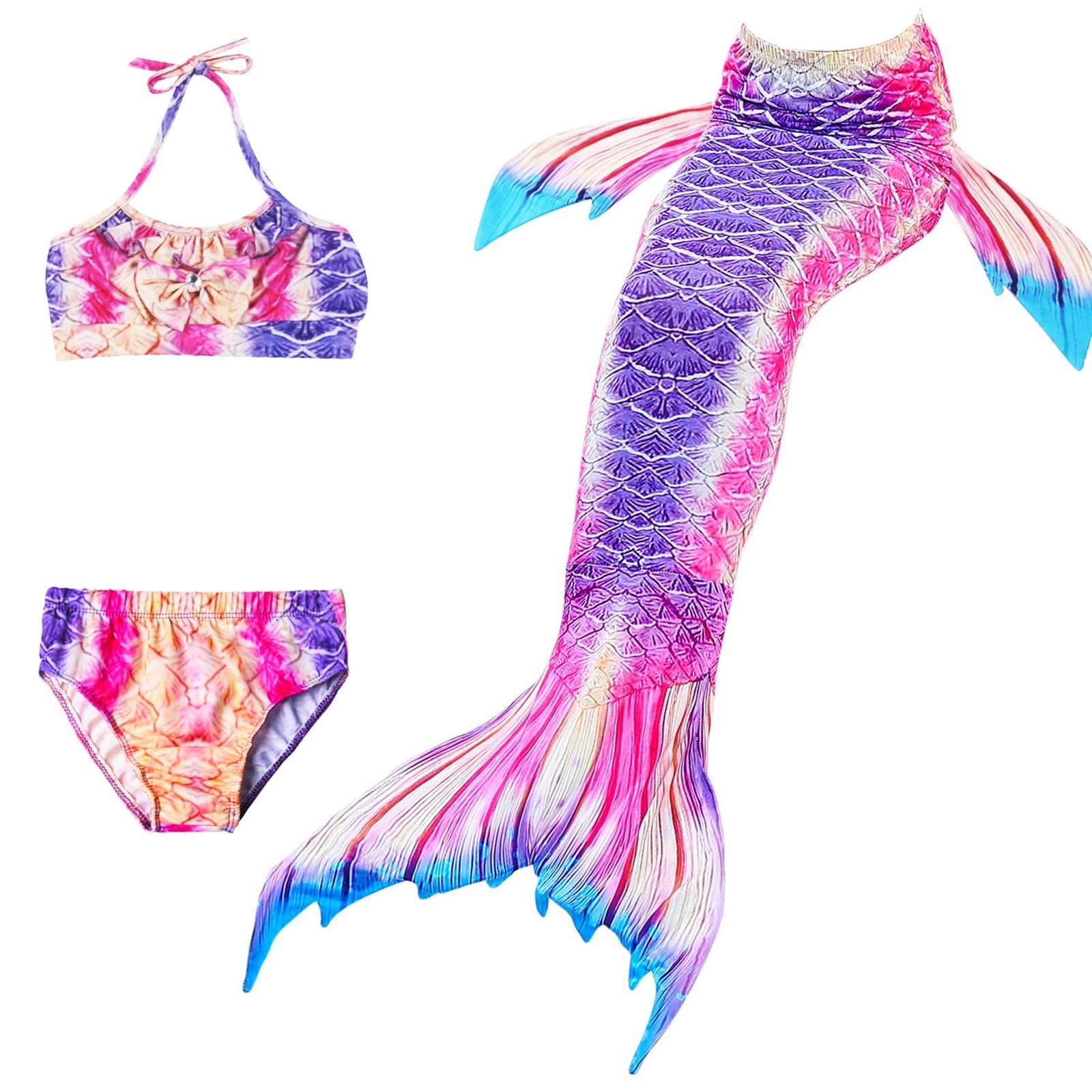 CUZIBR Swimsuit Girls 3 Piece Fish Scales Print Swimwear Ruffles Round ...