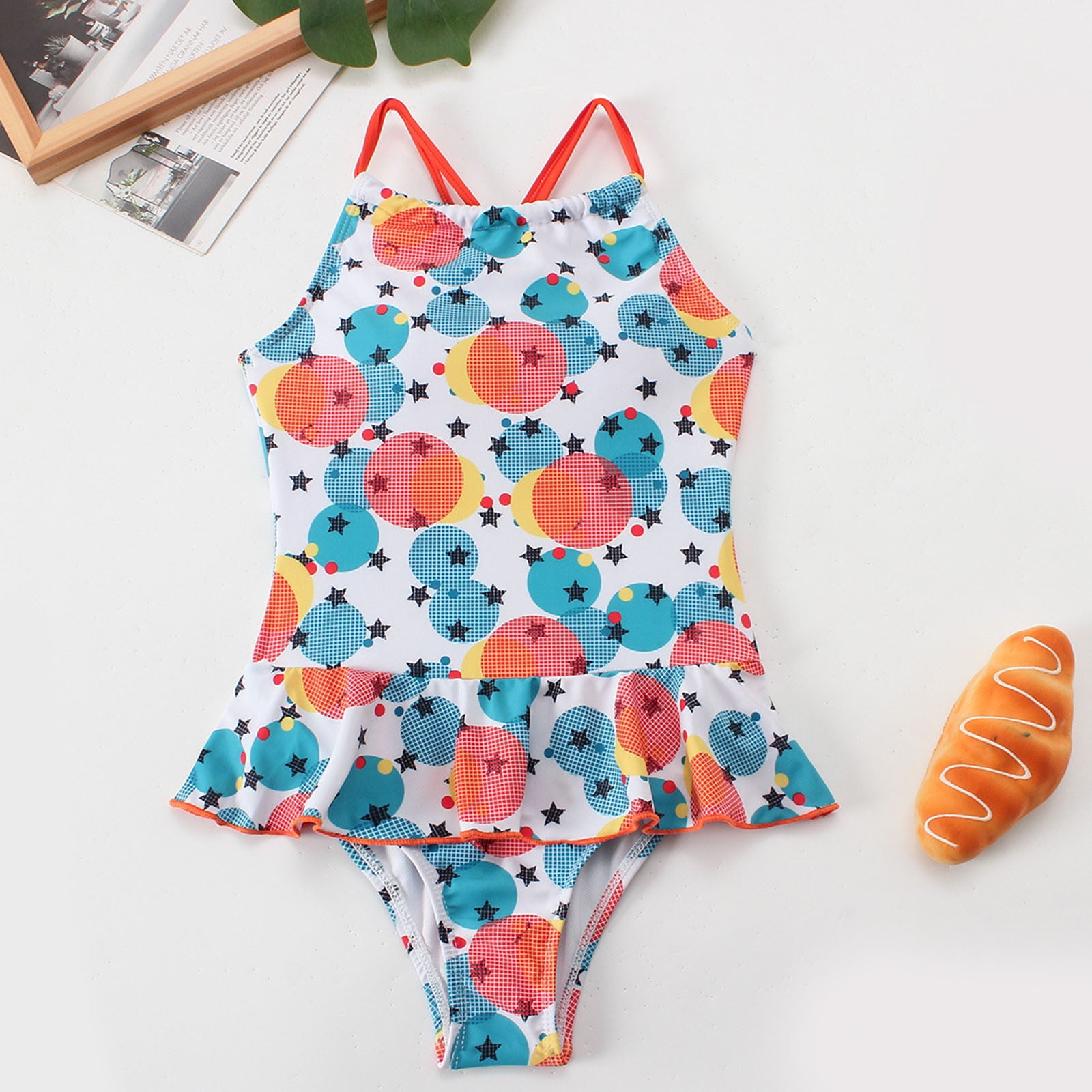 CUZIBR Swimsuit Girls Cross Adjustable Strap Ruffles Floral Print ...