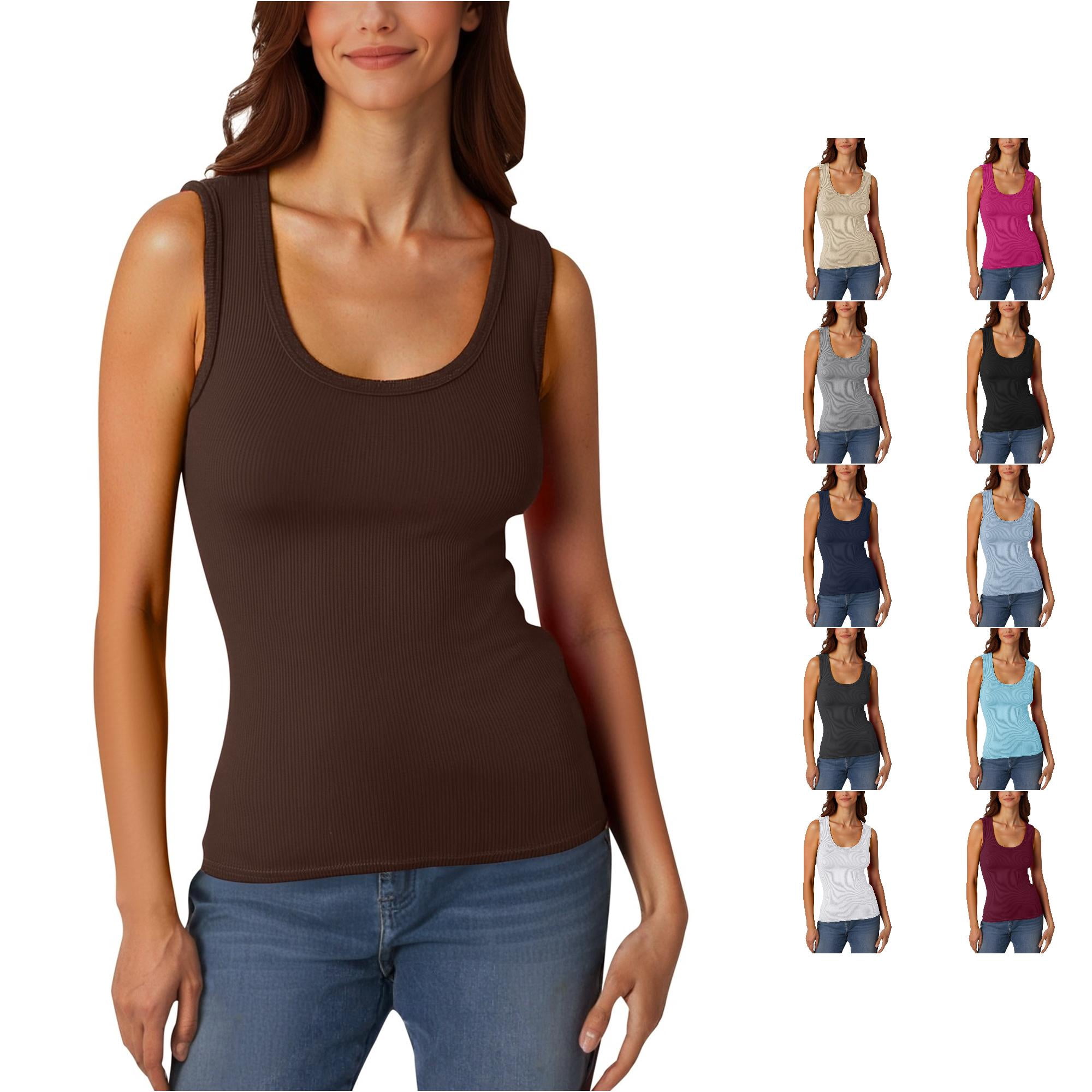 CUZIBR Tank Tops For Women Solid Color Sleeve Low Round Neck Slim Fit ...