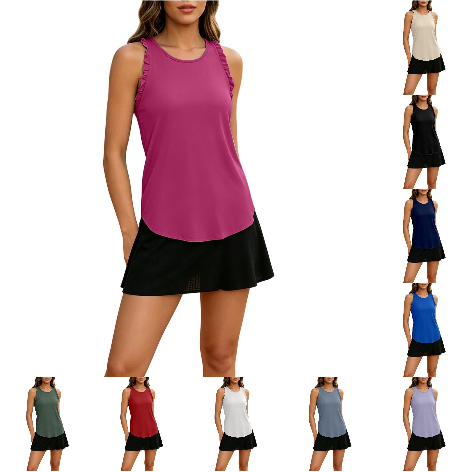 CUZIBR Tank Tops For Women Solid Colro Sleeveless Round Neck Ruffles ...