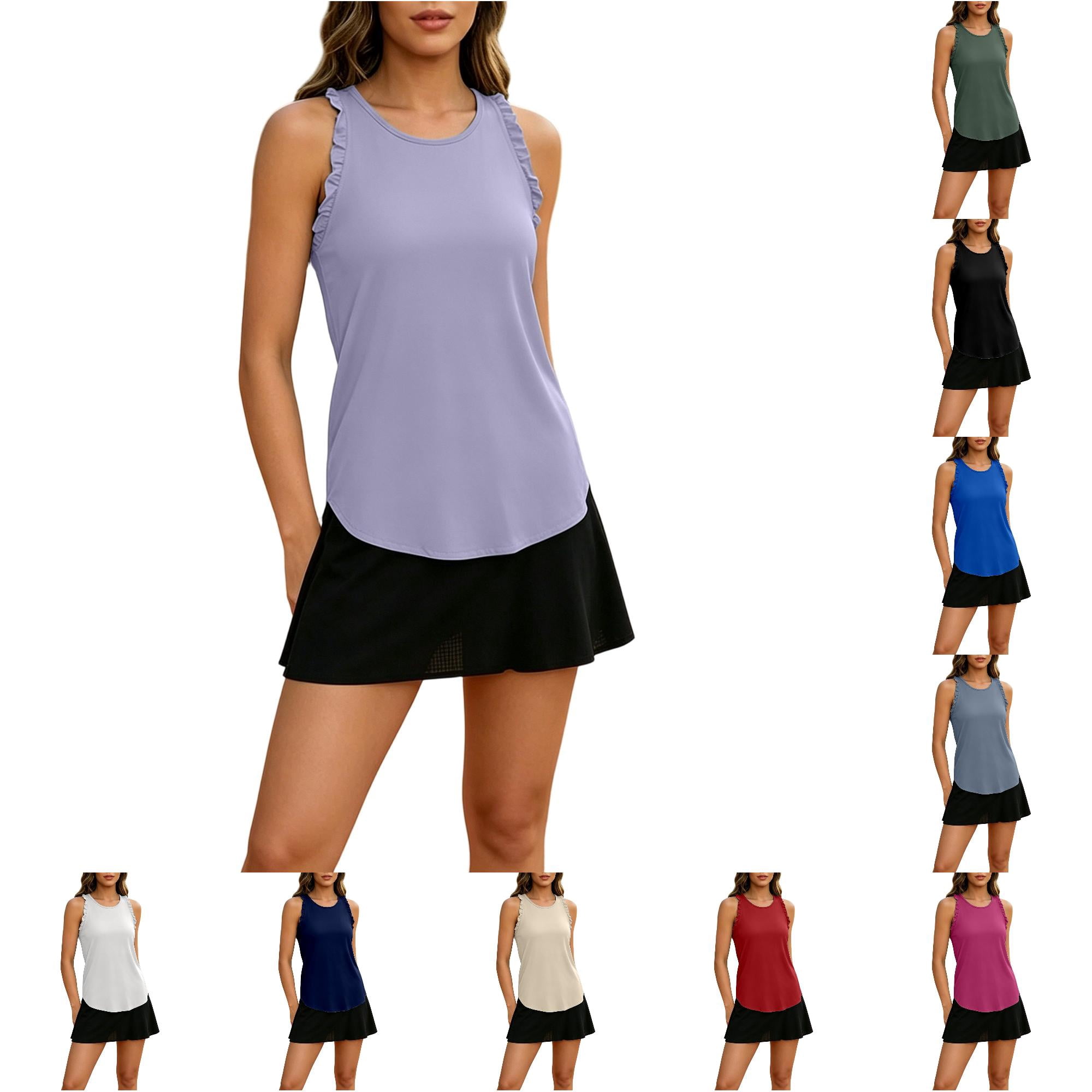 CUZIBR Tank Tops For Women Solid Colro Sleeveless Round Neck Ruffles ...