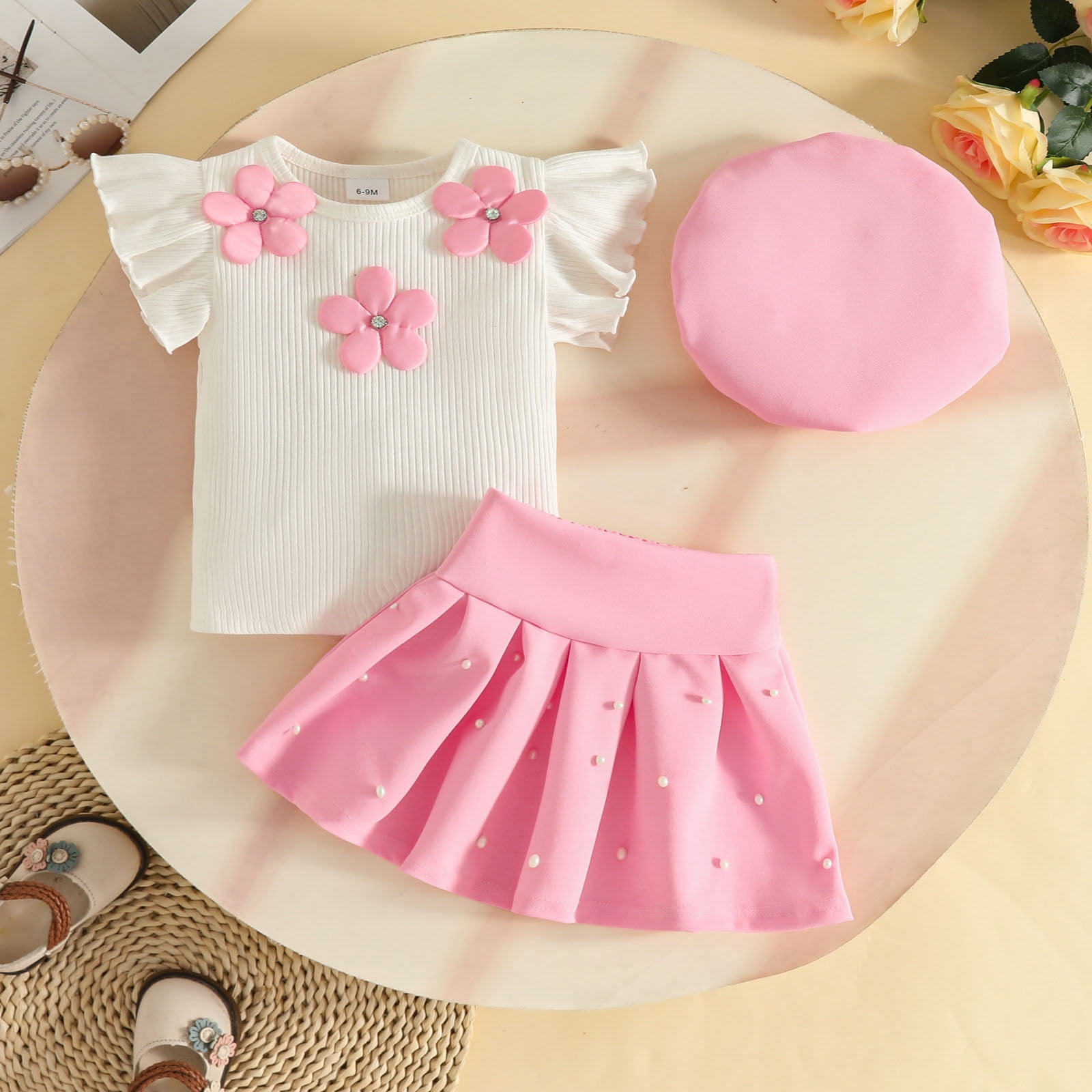 CUZIBR Toddler Girls 3 Piece Floral Pattern Round Neck Lace Trim Short ...