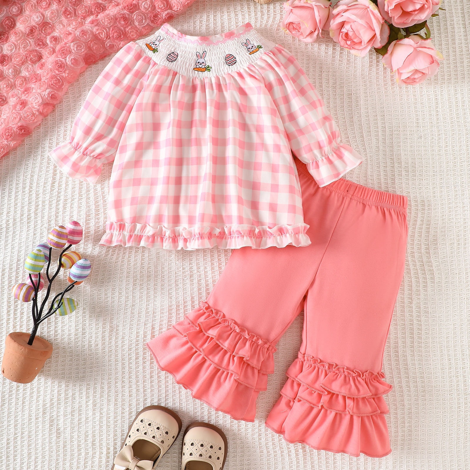 CUZIBR Toddler Girls Easter Outfits Plaid Long Sleeve Cowl Neck Cartoon ...