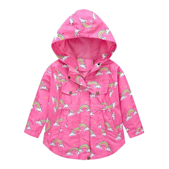 CUZIBR Toddler Girls Winter Windproof Coats Cartoon Rainbow Prints Hooded With Pocket Jacket ...