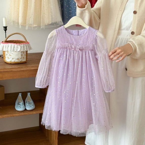 CUZIBR Toddler Kids Carnival Sequin Dress Long Sleeve Sparkly Mesh A-Line Round Neck Elegant ...