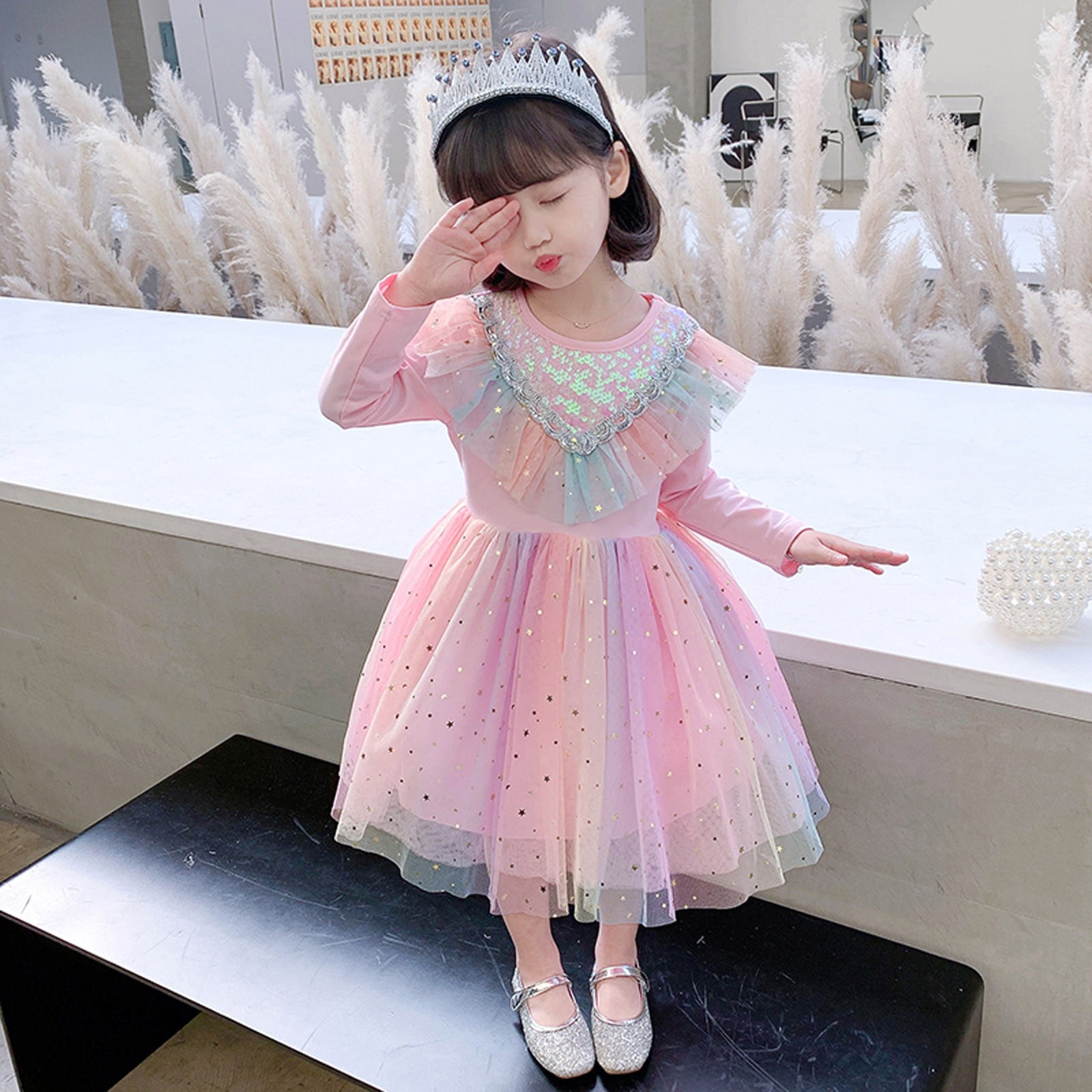 CUZIBR Toddler Kids Tutu Dresses Rainbow Sparkly Gradient Long Sleeve ...