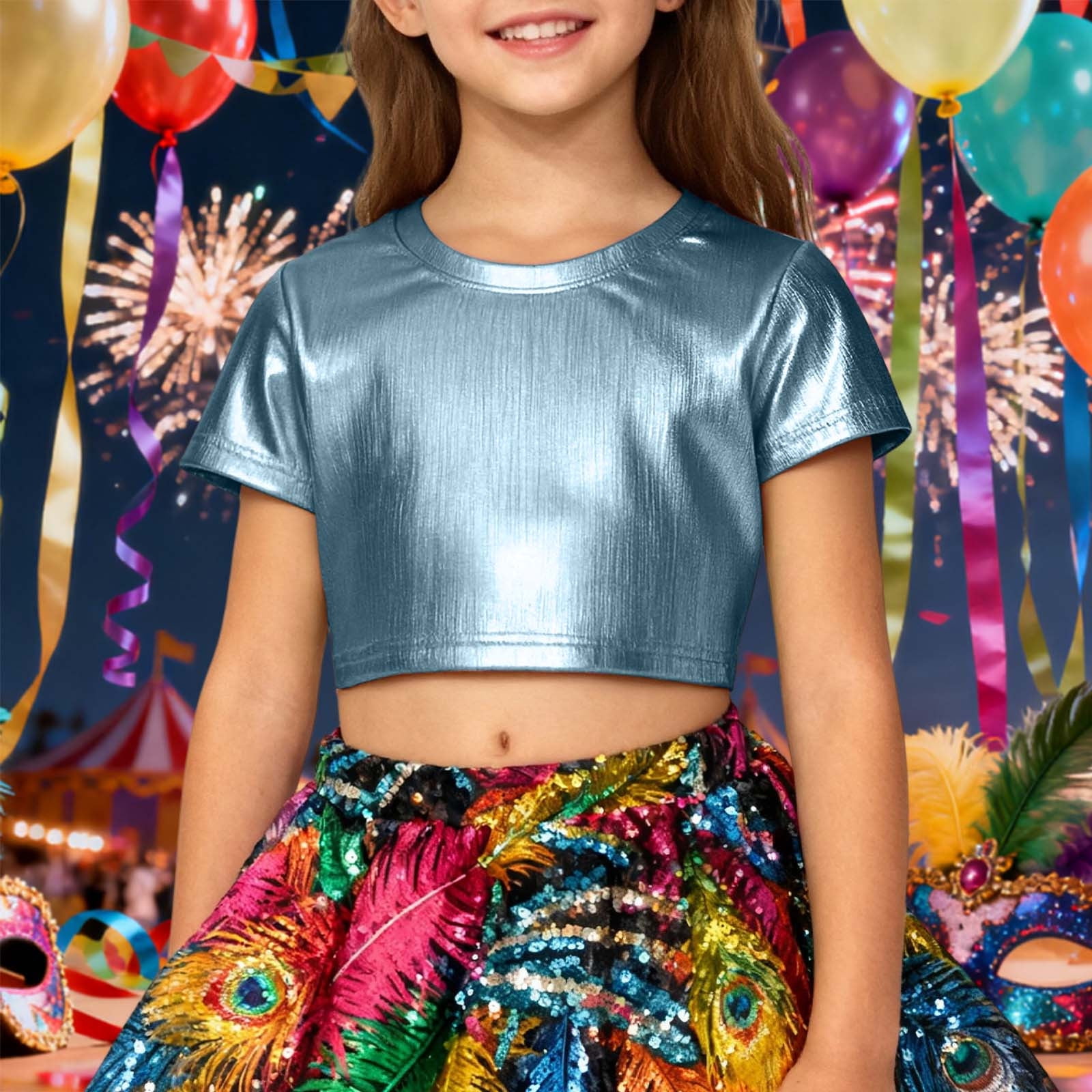 CUZIBR Toddler Tops Shine Sequins Shirts Crop Top Short Sleeve Round ...