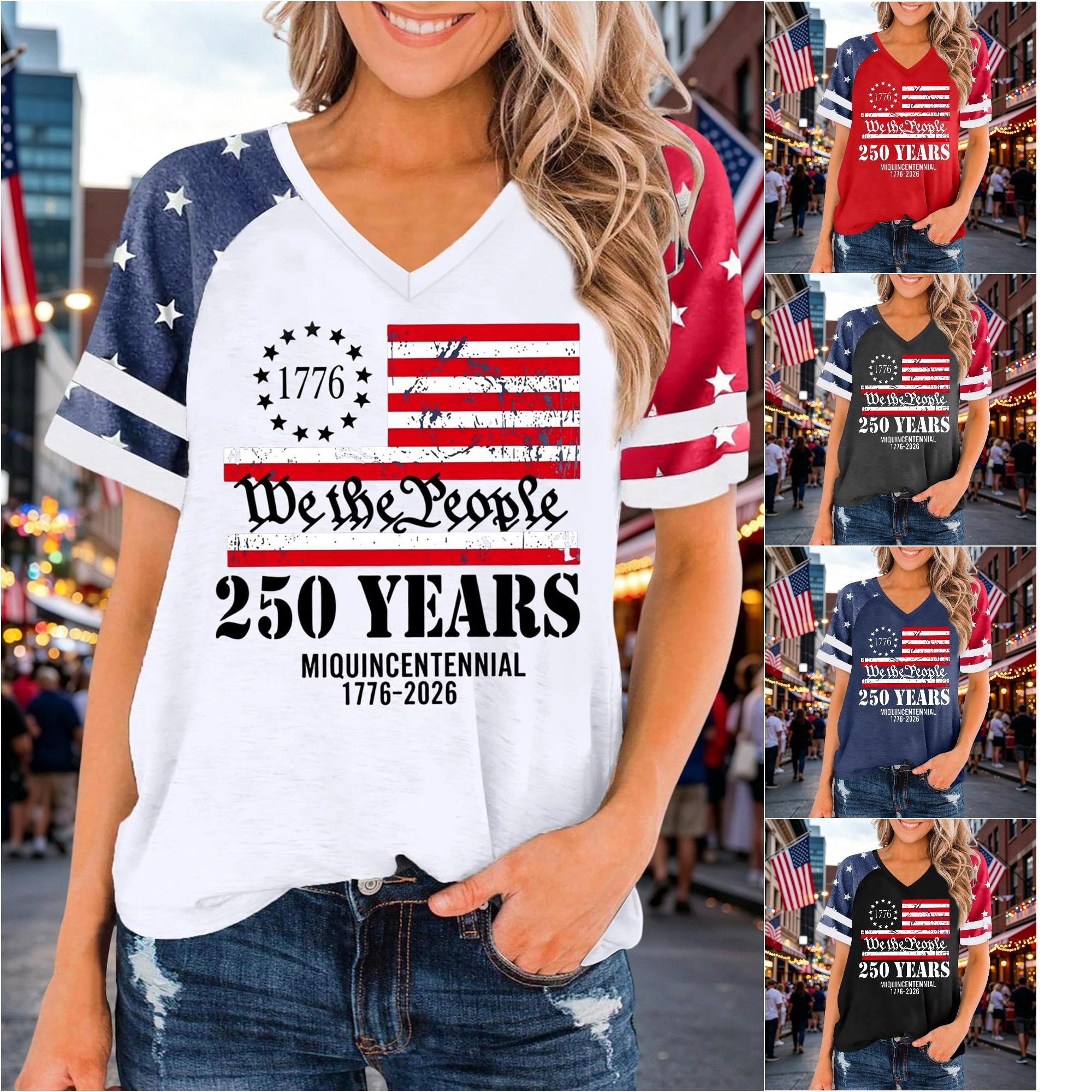 CUZIBR Women 4Th Of July V Neck Patriotic T-Shirts Casual Independence ...