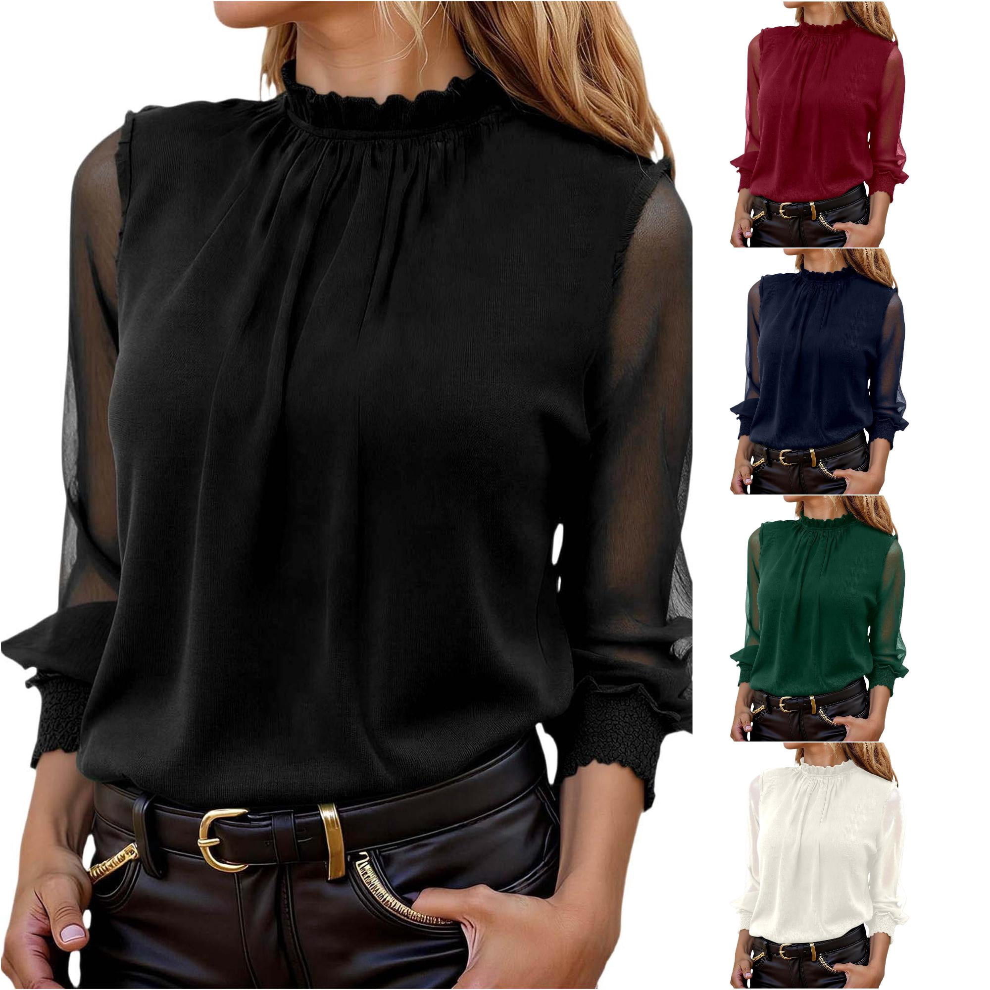 CUZIBR Women Blouse Long Sleeve Elegant Chiffon Shirts Mock Neck Solid ...