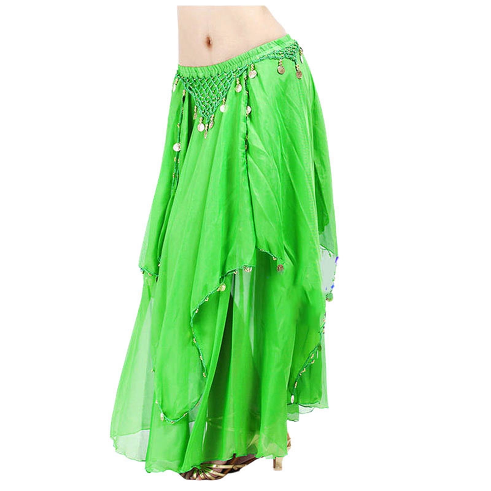 CUZIBR Women Chiffon Belly Dance Skirt Solid Color High Waist Sequins ...