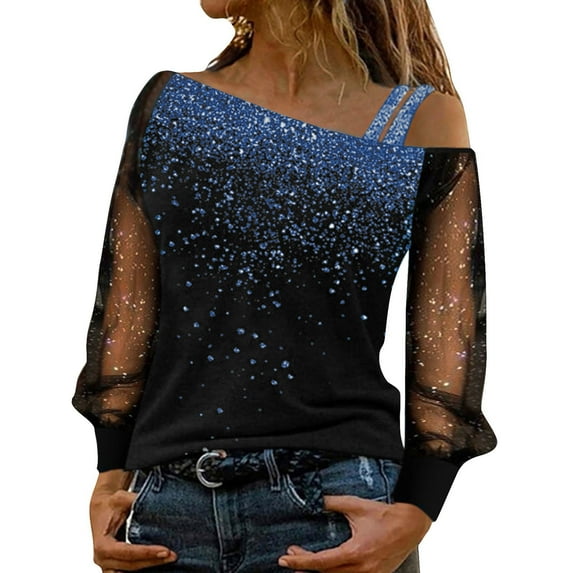 CUZIBR Women Fashion Sequin Tops One Shoulder Long Sleeve Mesh Stylish ...