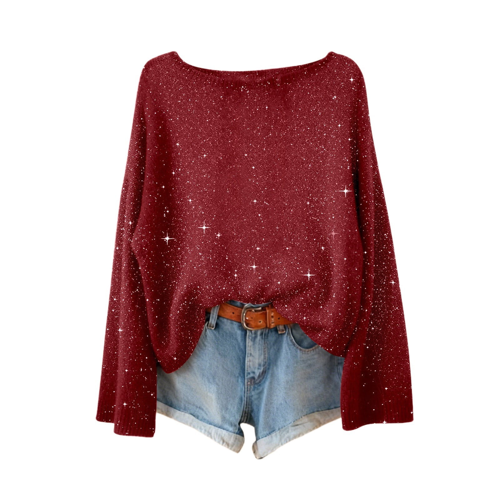 CUZIBR Women Long Sleeve Shirt Sequin Top Boat Neck Solid Color Off The ...