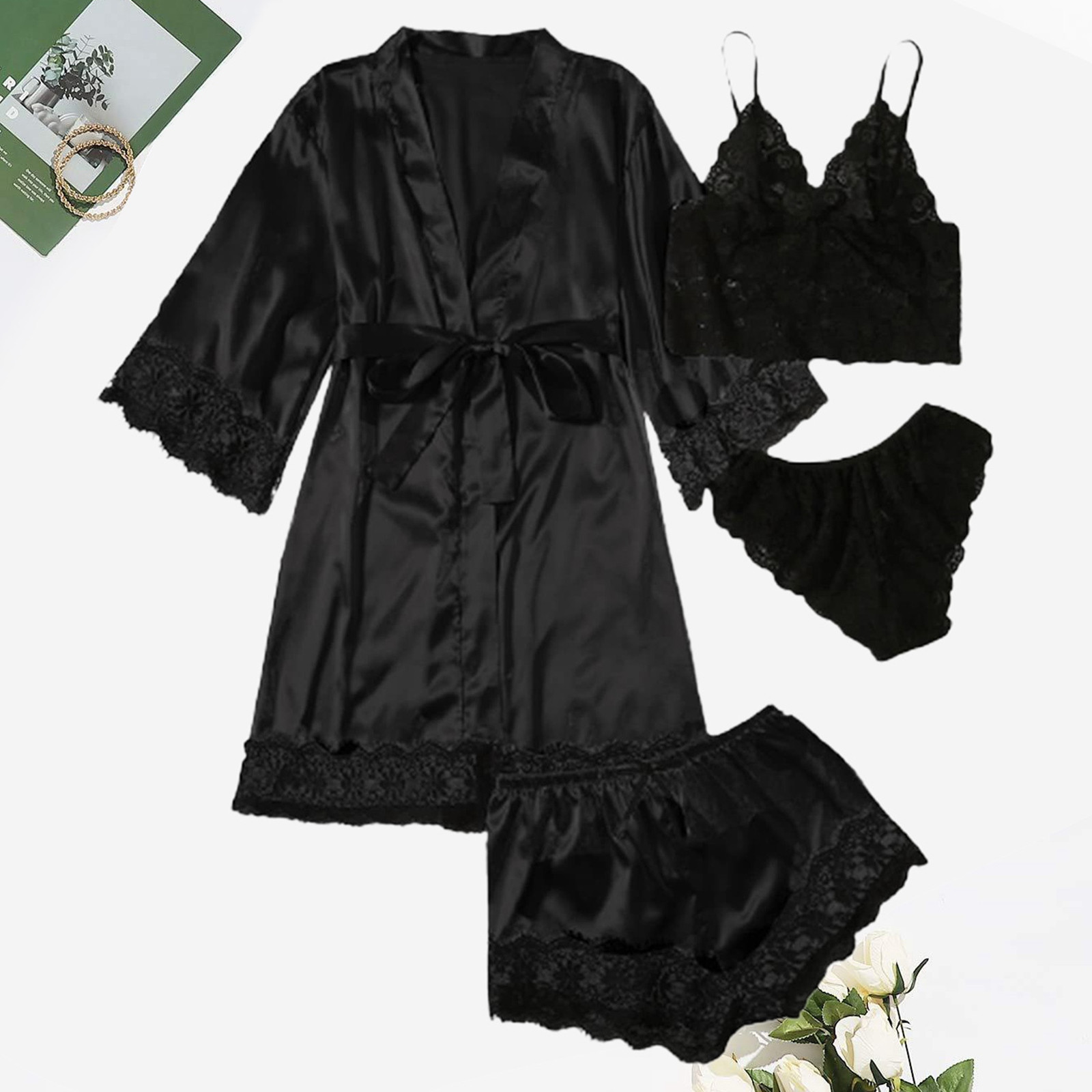 CUZIBR Women'S 4 Piece Lace Satin Nightgown Set Strap Tank Top Brief ...