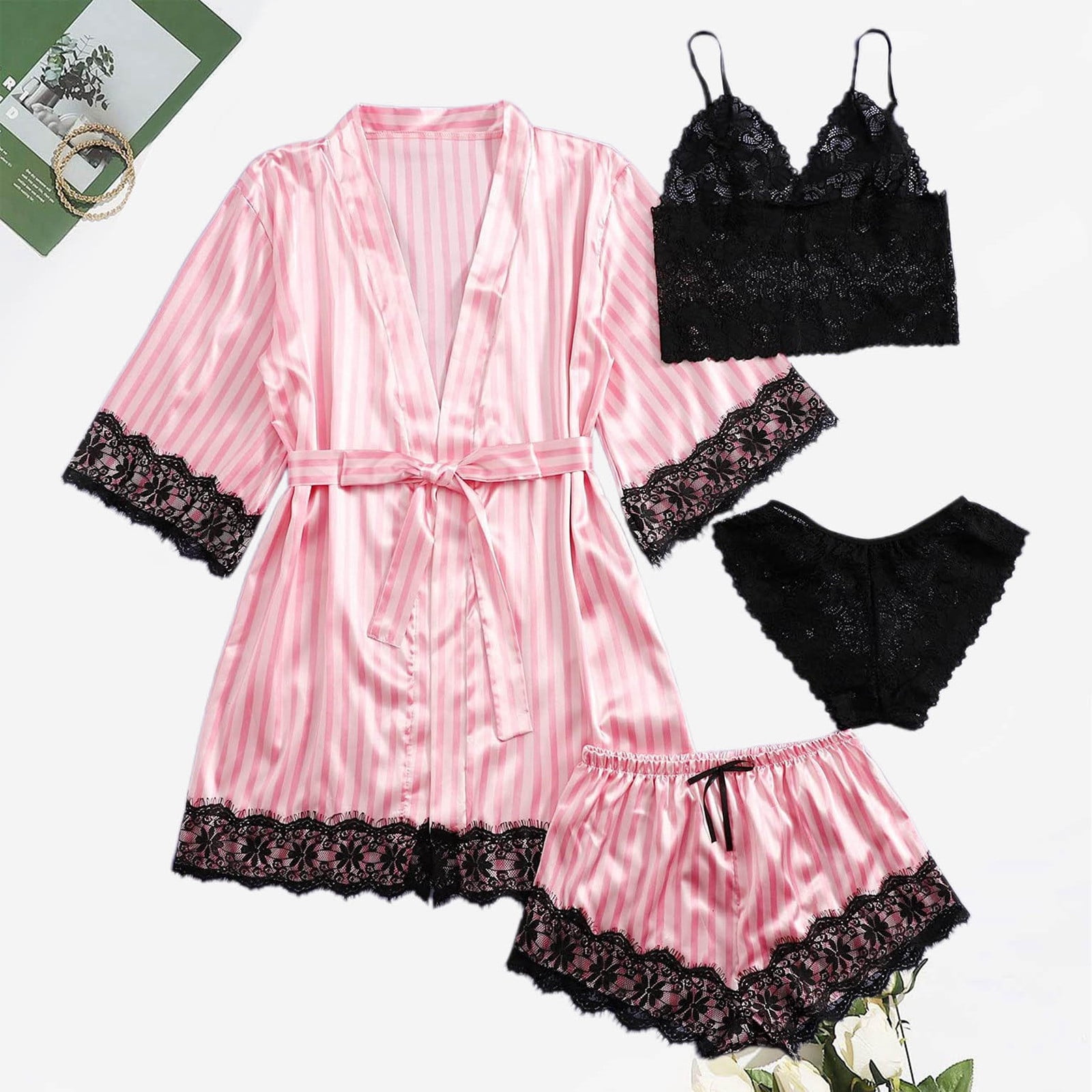 CUZIBR Women'S 4 Piece Lace Satin Nightgown Set Strap Tank Top Brief ...