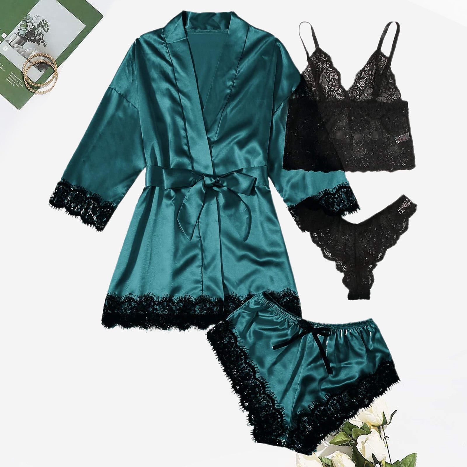 CUZIBR Women'S 4 Piece Lace Satin Nightgown Set Strap Tank Top Brief ...