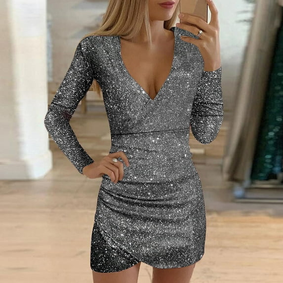 CUZIBR Women'S Mini Bodycon Sequin Dress Solid Color Deep V Neck Long ...