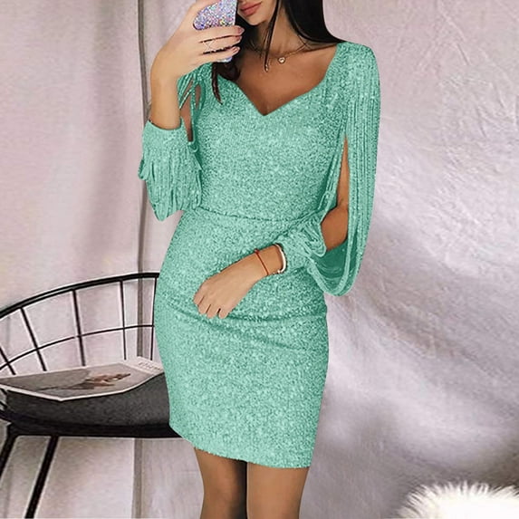 CUZIBR Women'S Sequin Mini Dresses Slim Fit V-Neck Fringed Long Sleeve ...