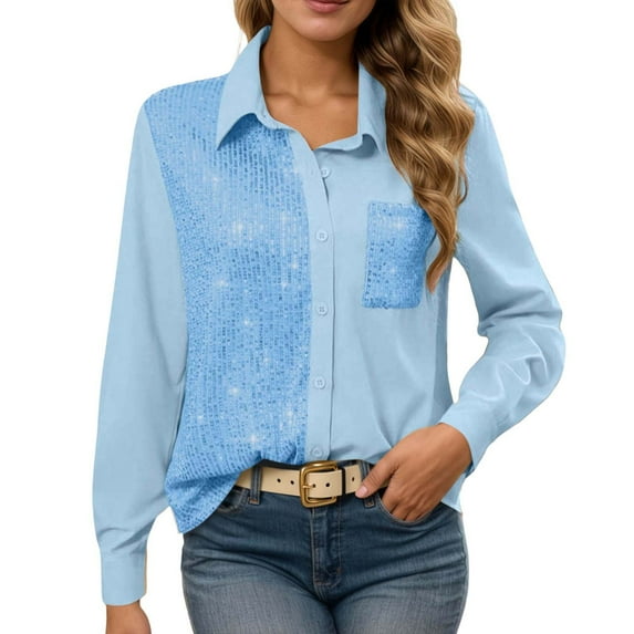 CUZIBR Women Sequin Shirt Button Down Long Sleeve Turndown Collar Front ...