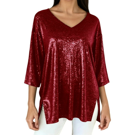 CUZIBR Women Sequin Tops V-Neck Casual Plus Size Loose Fit Three ...