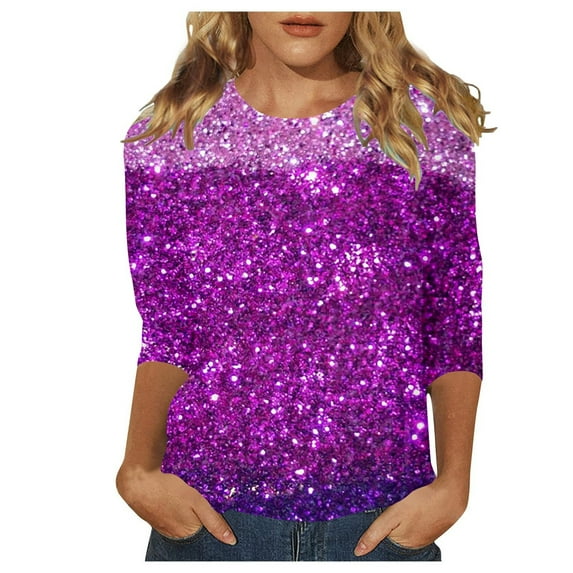 CUZIBR Women Shiny Sequin 3/4 Sleeve T Shirt Round Neck Thin Casual ...