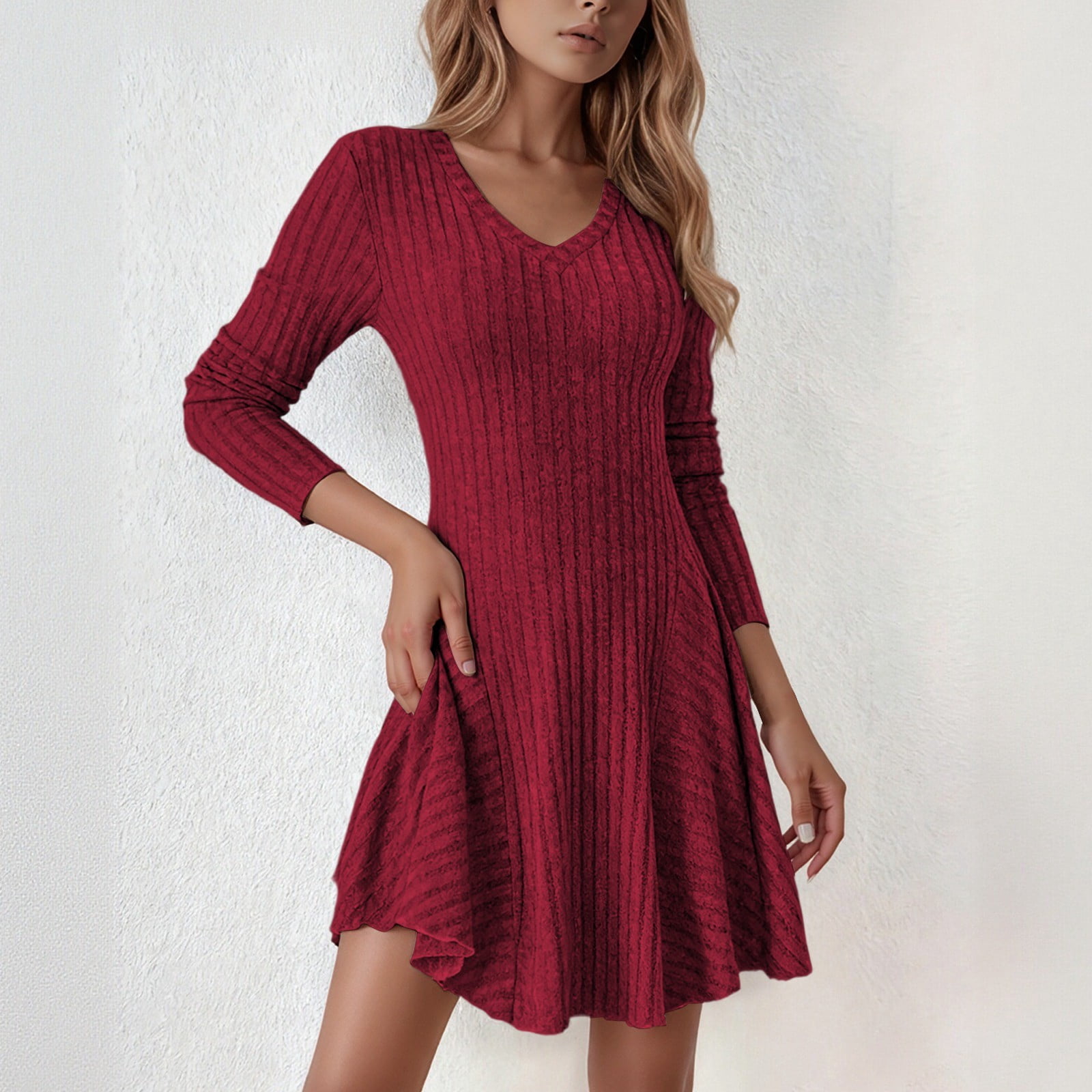 CUZIBR Women Stylish Sweater Dress Solid Color Ribbed Knitted Long ...