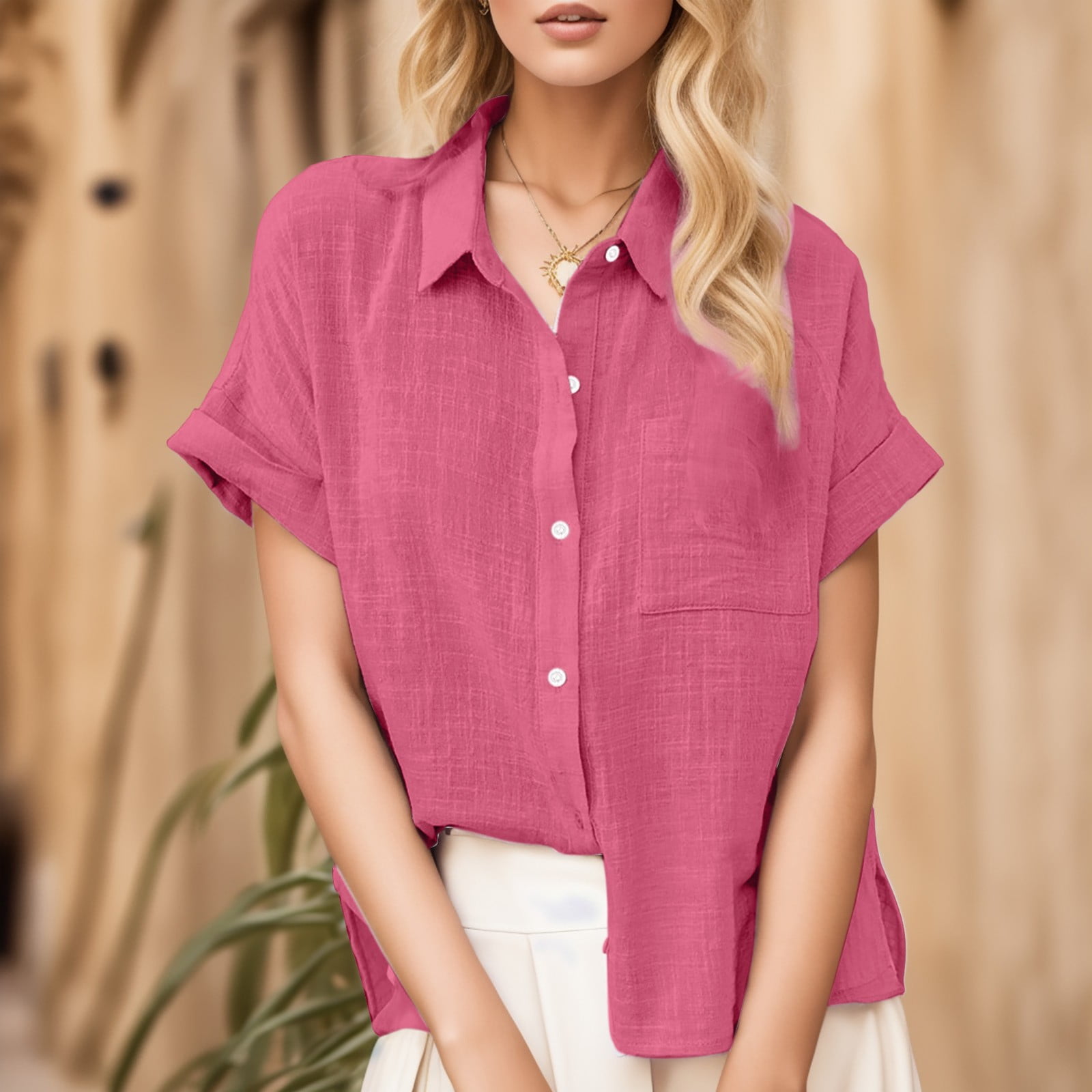 CUZIBR Women Summer Blouse Short Rolled Sleeve Button Down Turndown ...