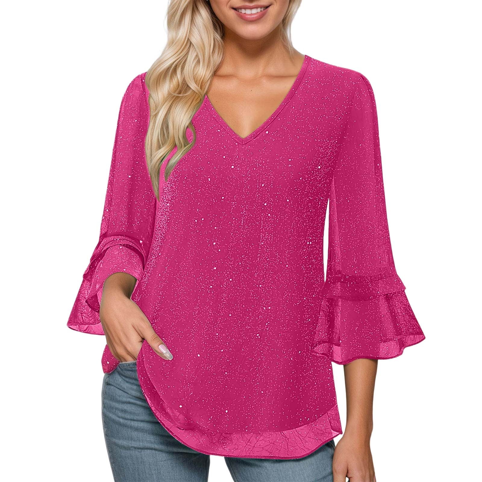 CUZIBR Women Tops Sequined Glitter Shirts Pleated 3/4 Sleeve V Neck ...