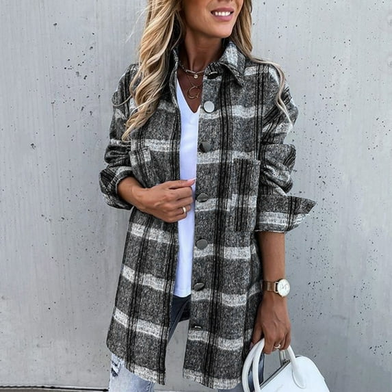 CUZIBR Womens Casual Jacket Hooded Plaid Long Sleeve Stylish Coat With ...